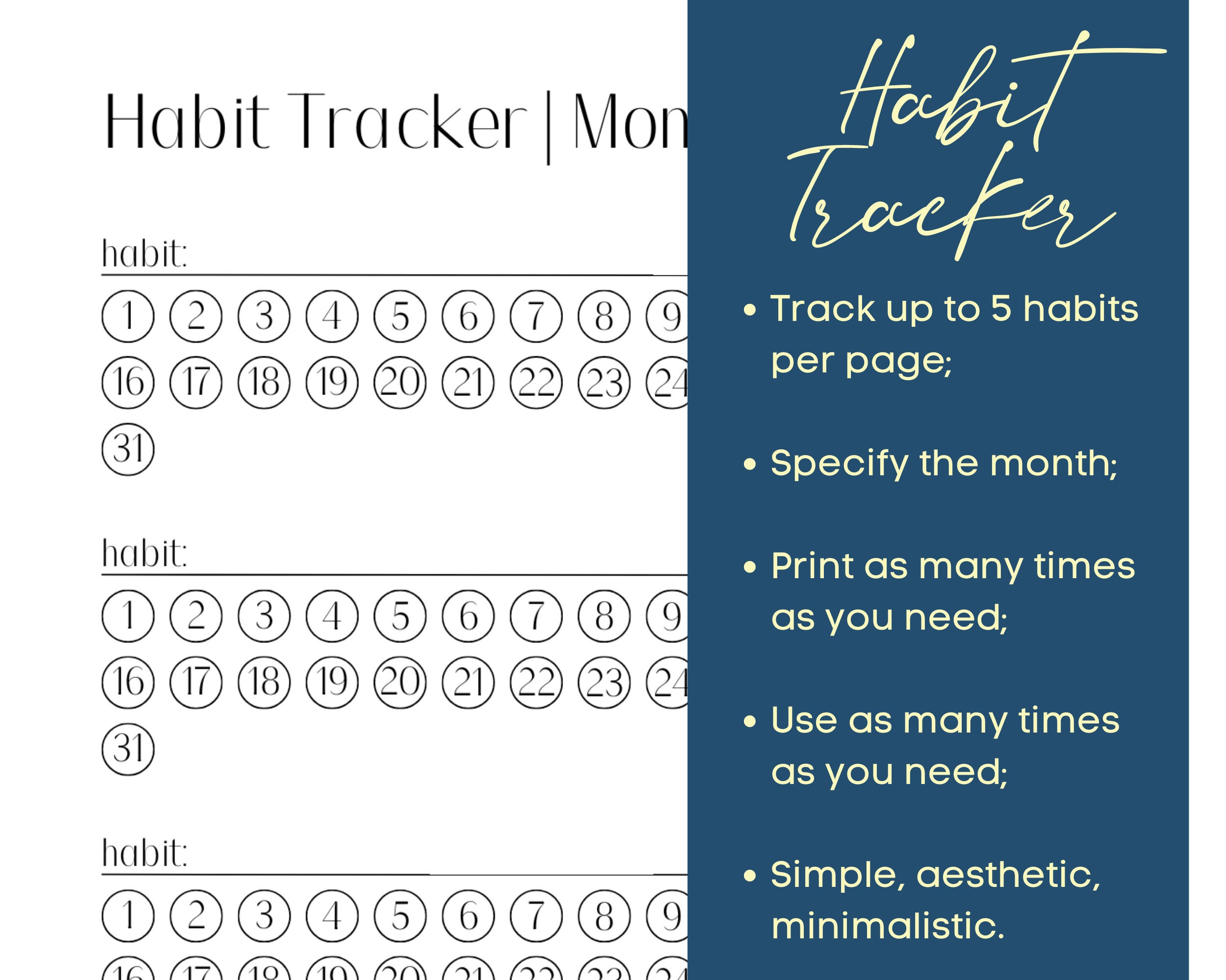 Monthly Habit Tracker Printable PDF, Minimalistic Simple Habit Tracker ...