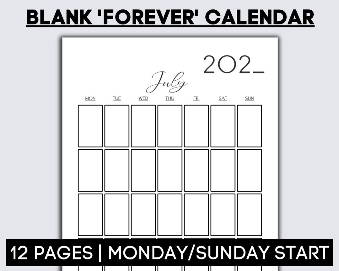 Undated Monthly Calendar Printable 12 Pages, 12 Months With No Year ...