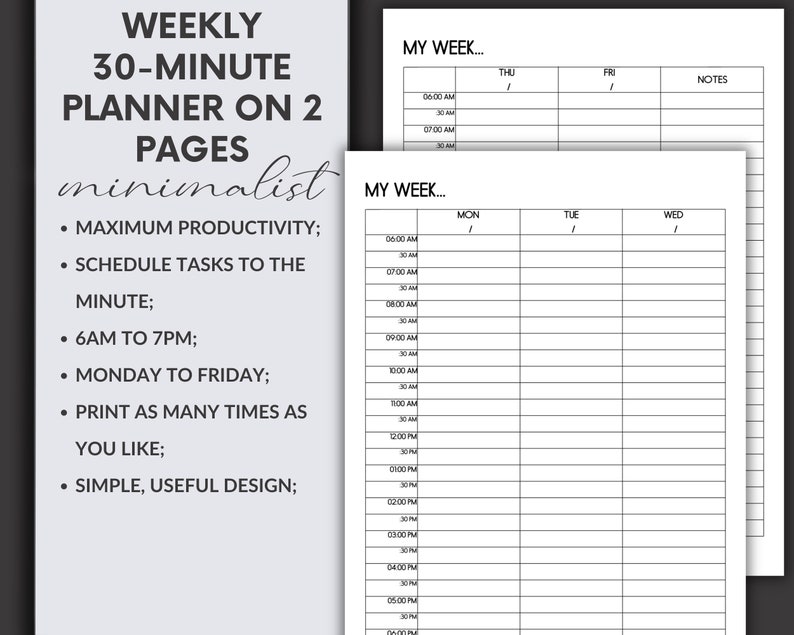 30-minute Weekly Planner Page, Printable 30-minute Planner, Appointment ...