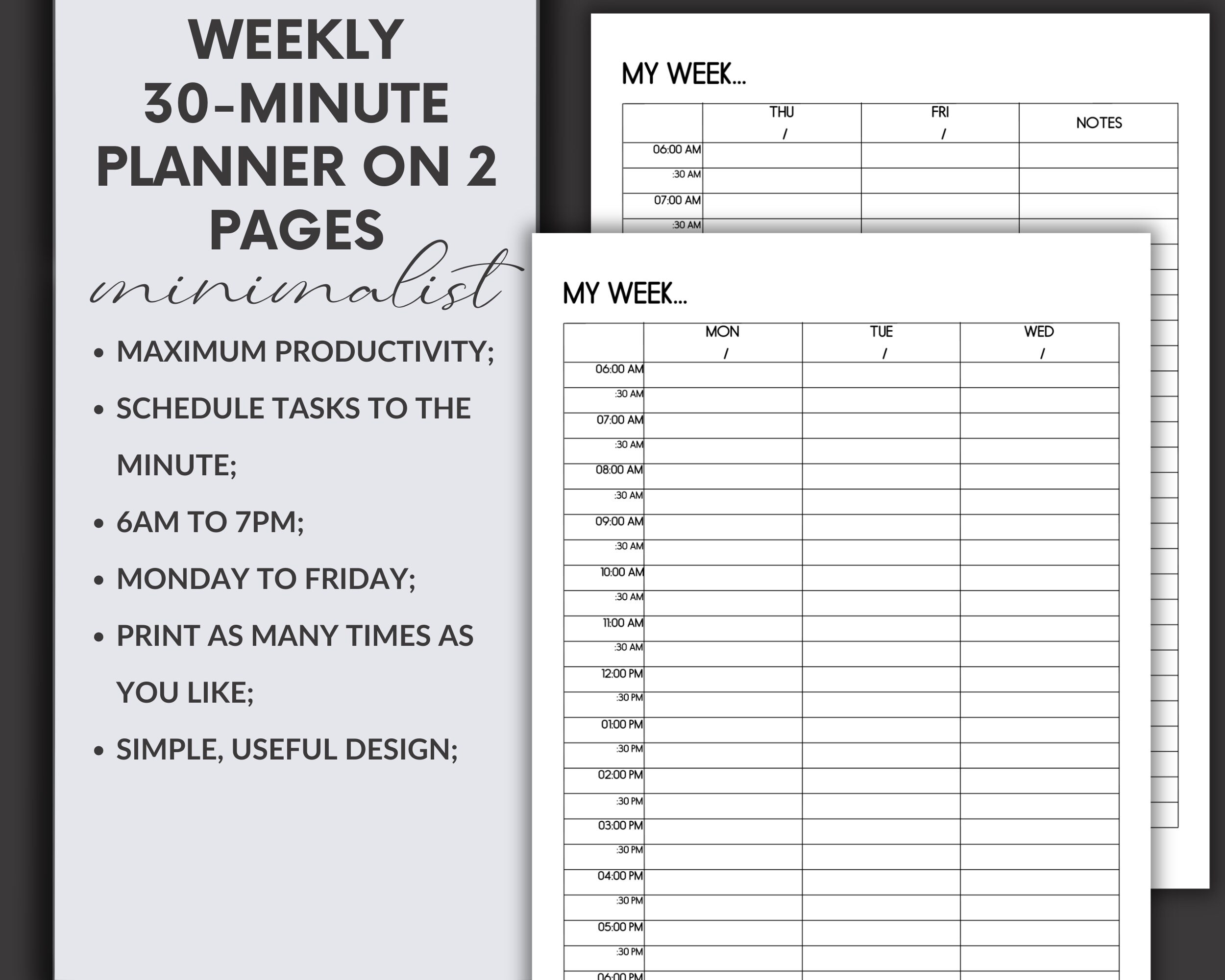 30-minute Weekly Planner Page, Printable 30-minute Planner, Appointment ...