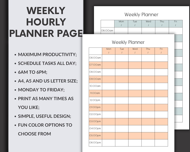 Hourly Planner Printable, Monday to Friday Weekly Planner Page, 6 Am to ...