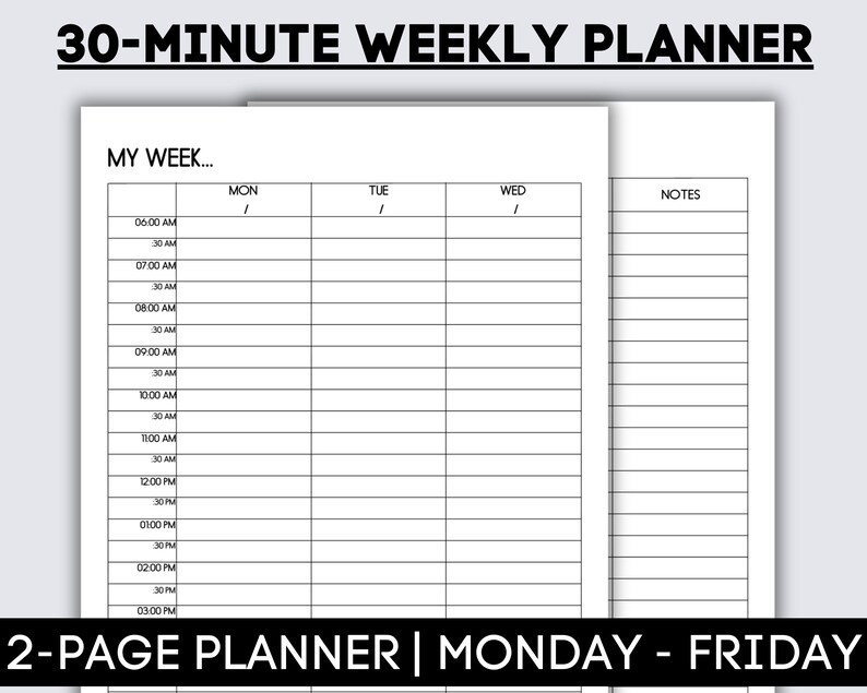 30-minute Weekly Planner Page, Printable 30-minute Planner, Appointment ...