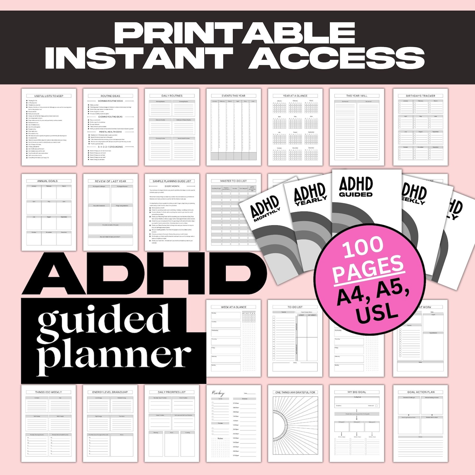 ADHD Planner Printable for Adults With Guided Daily, Yearly, Monthly ...
