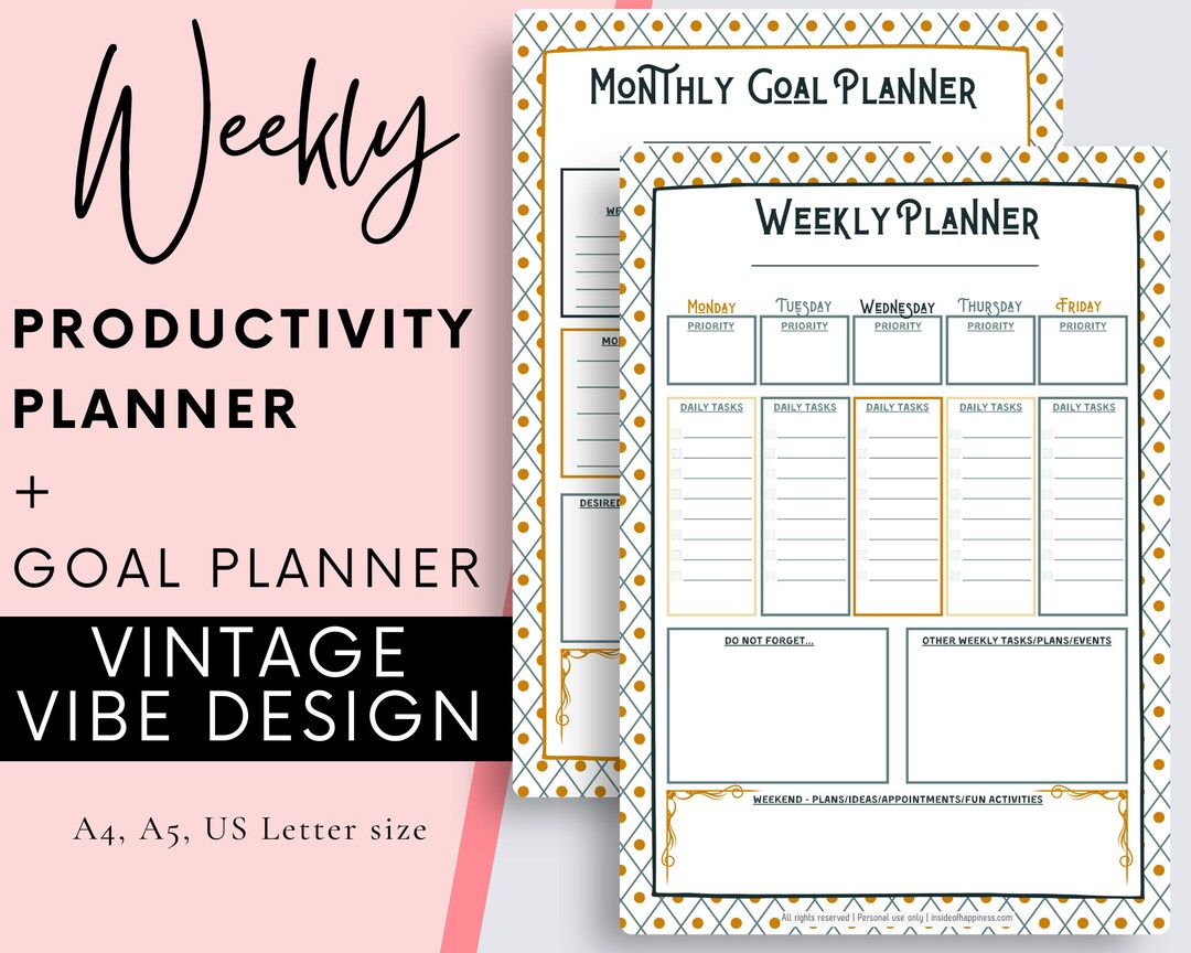 Weekly Productivity Planner Printable and Goal Setting, Undated Monthly ...