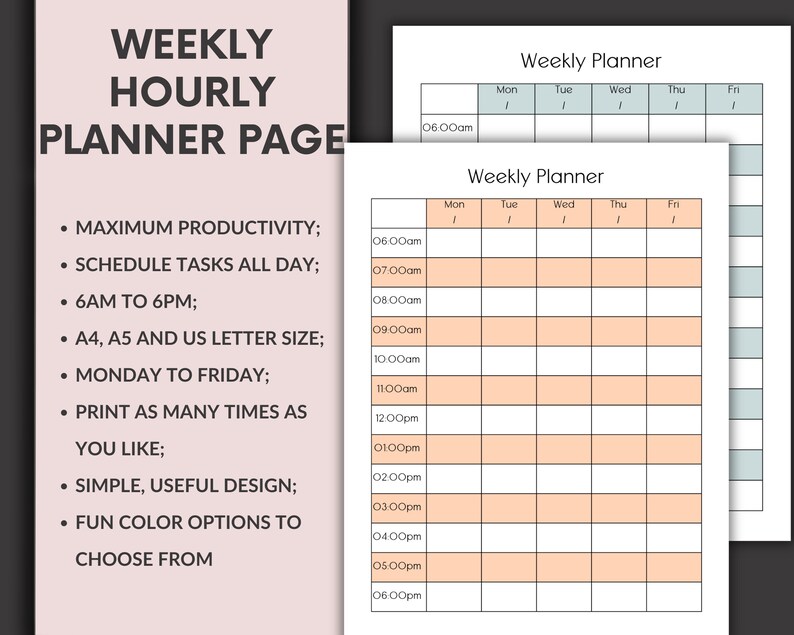 Hourly Planner Printable, Monday to Friday Weekly Planner Page, 6 Am to ...