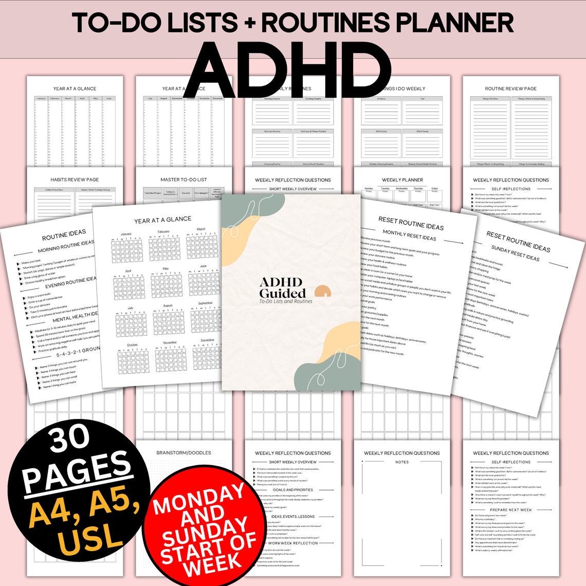 ADHD To-do Lists and Routines Planner With Review and Reset Pages ...