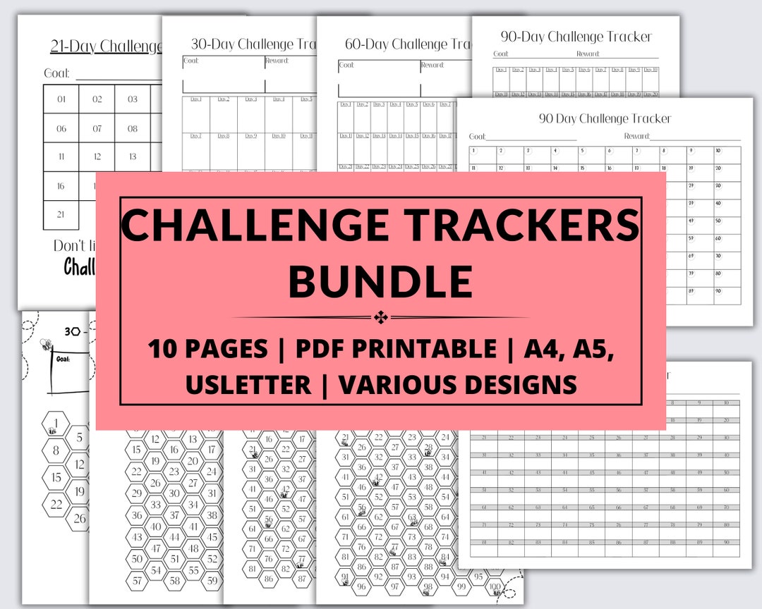 All Shop Challenge Trackers, Printable Bundle, 21, 30, 60, 90, and 100 ...