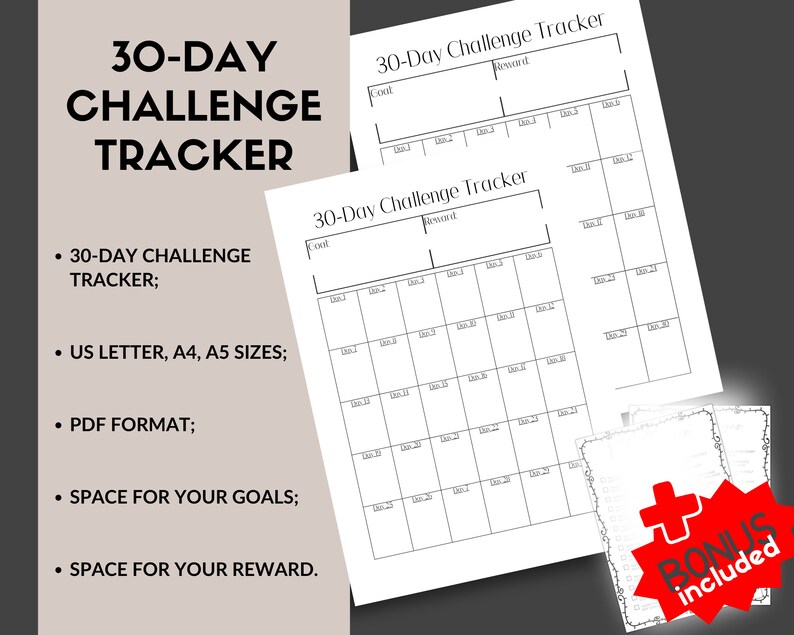 30-day Challenge Tracker Printable PDF, A4, A5, US Letter Size ...