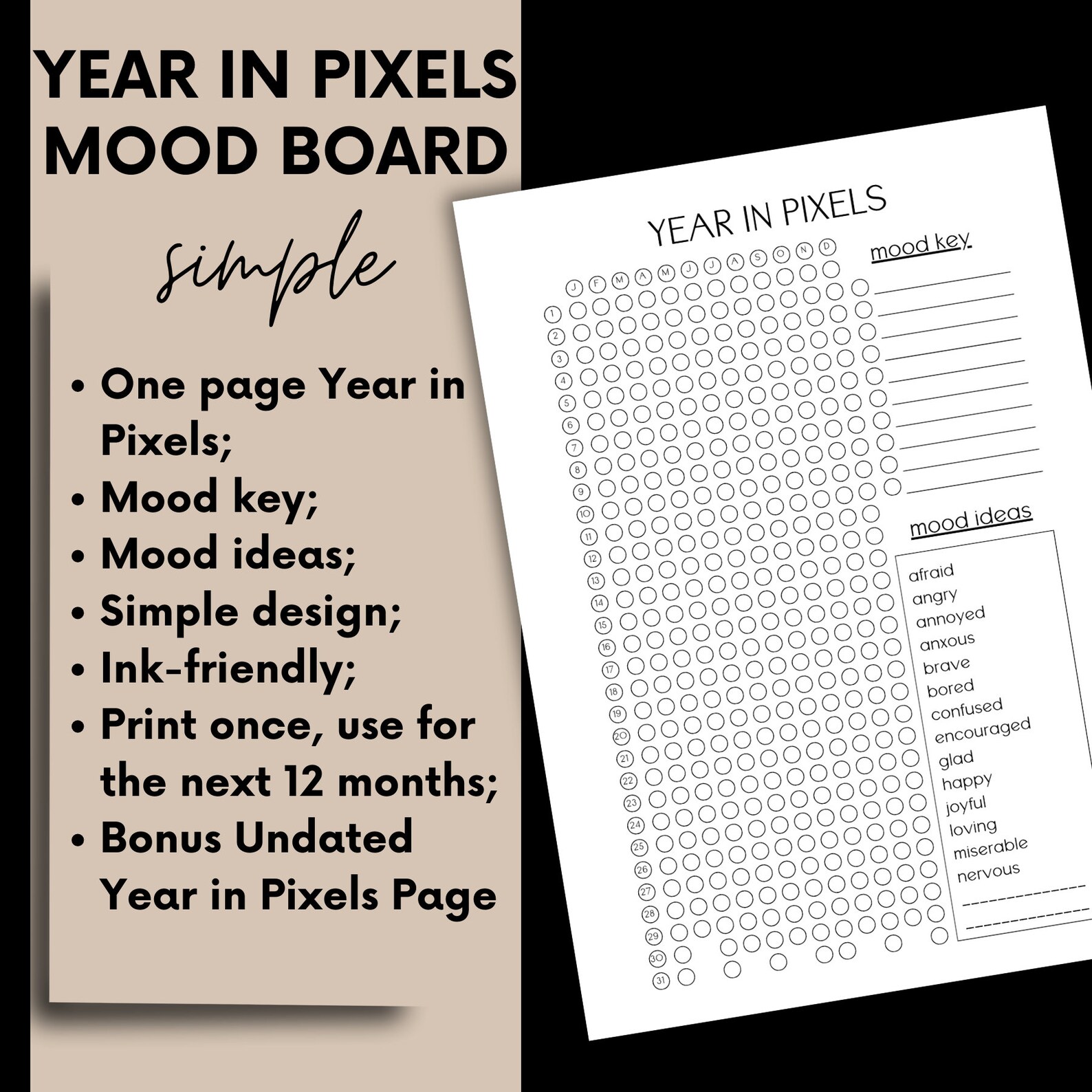 Year in Pixels Printable: Daily Mood Tracker (PDF) - Etsy