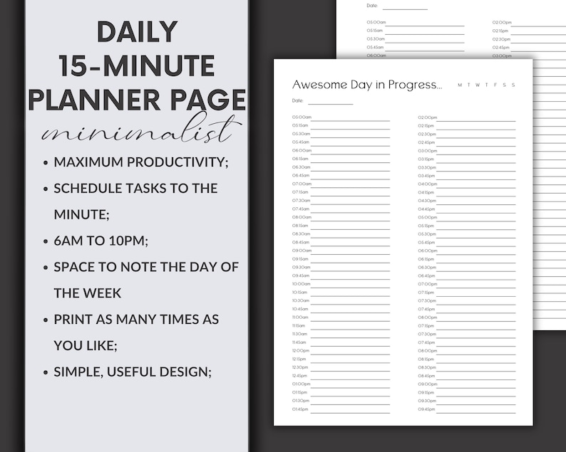15 Minute Daily Planner Page, Printable 15-minute Planner, Appointment ...