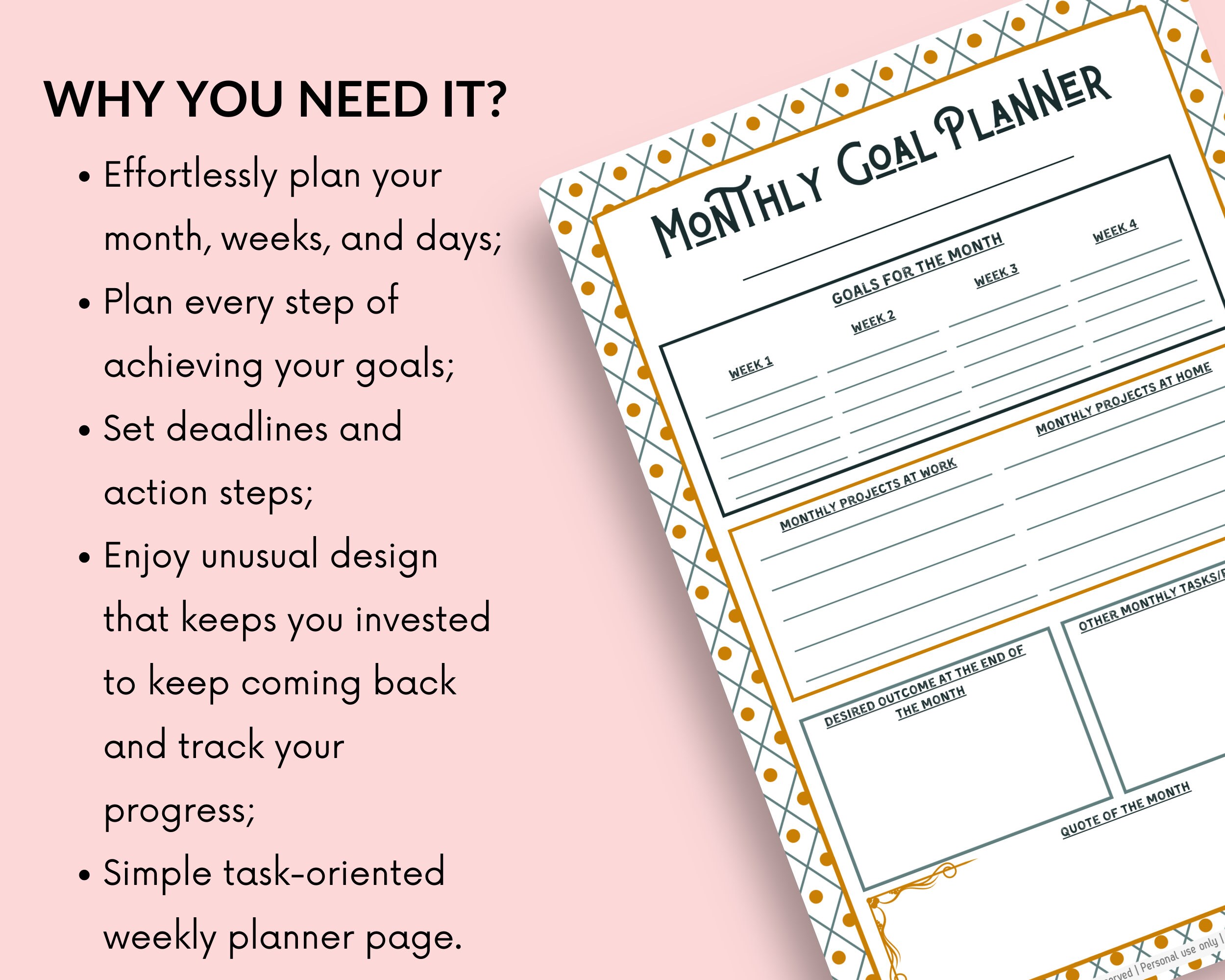 Weekly Productivity Planner Printable and Goal Setting, Undated Monthly ...