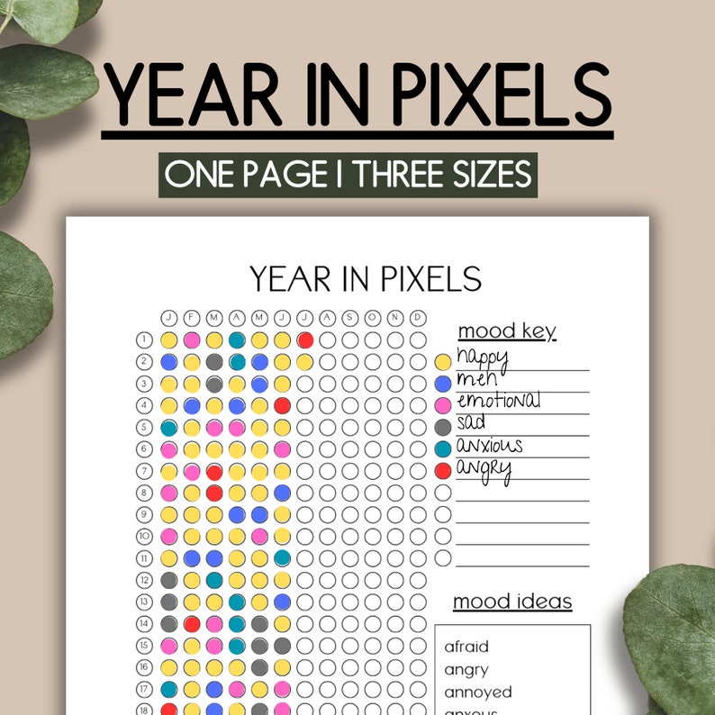 Year in Pixels Printable Mood Tracker Daily Moods Emotional Wellness ...