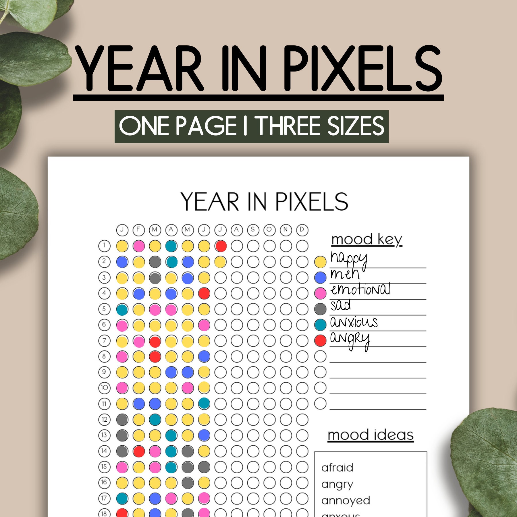 Year in Pixels Printable Mood Tracker Daily Moods Emotional Wellness ...