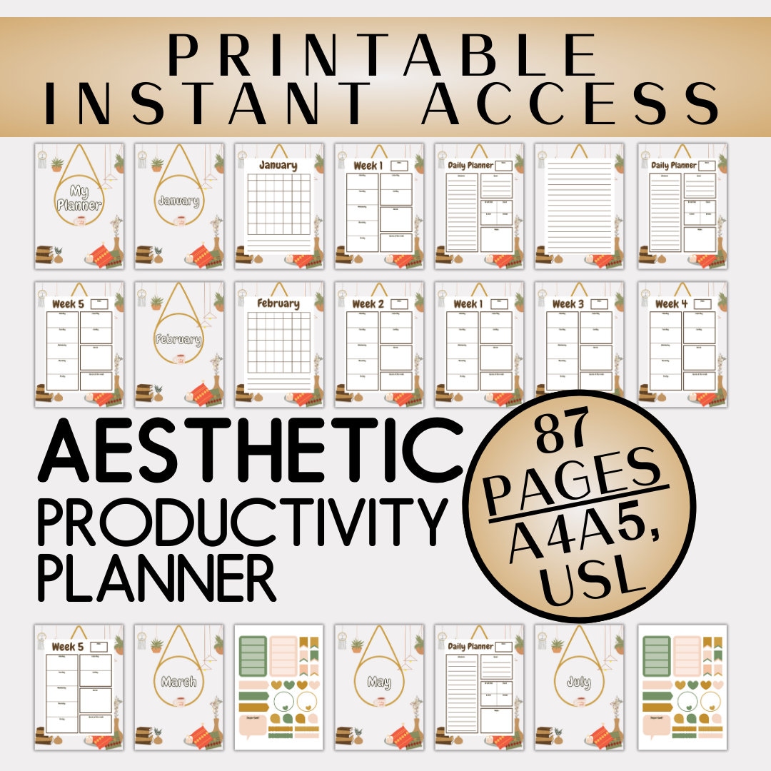 Aesthetic Productivity Planner With Stickers, Calendars, Month at a ...