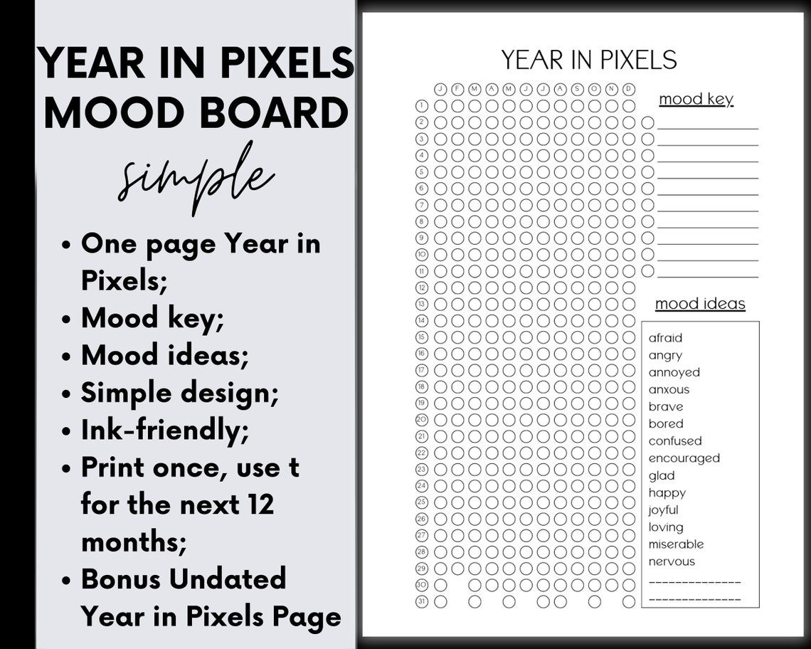 Year in Pixels Printable Mood Tracker Daily Moods Emotional Wellness ...