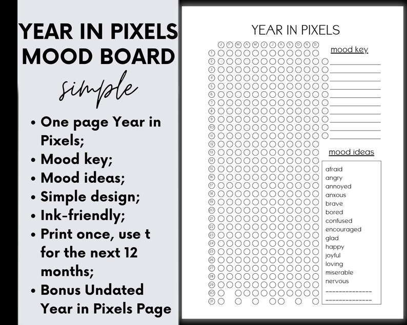 Year in Pixels Printable | Mood Tracker | Daily Moods | Emotional ...