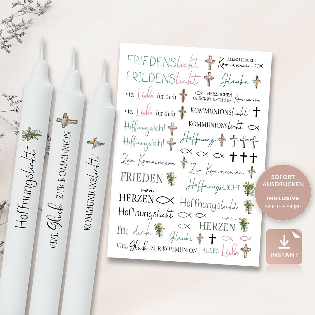 Communion Candle Tattoos PDF Template Candles Water Slide Film I ...