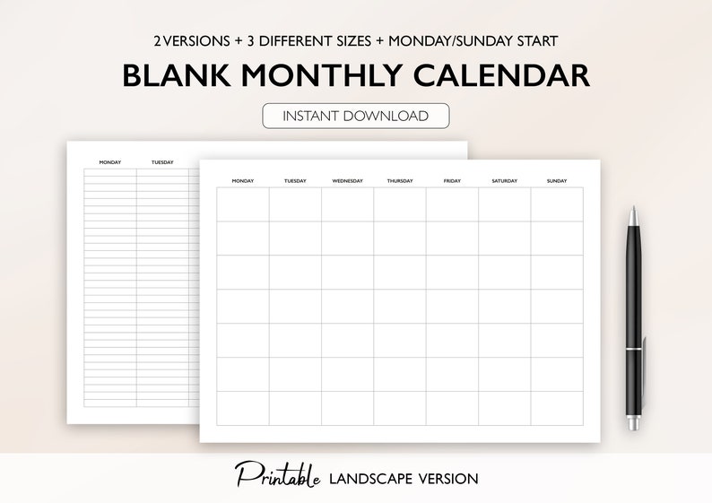 Blank Monthly Calendar Printable Landscape Minimalist - Etsy