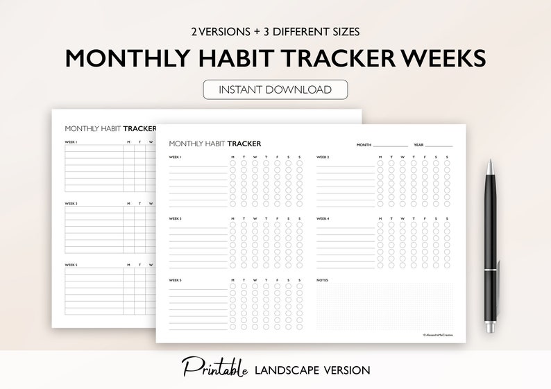 Monthly Habit Tracker Printable Landscape Weeks Habit - Etsy