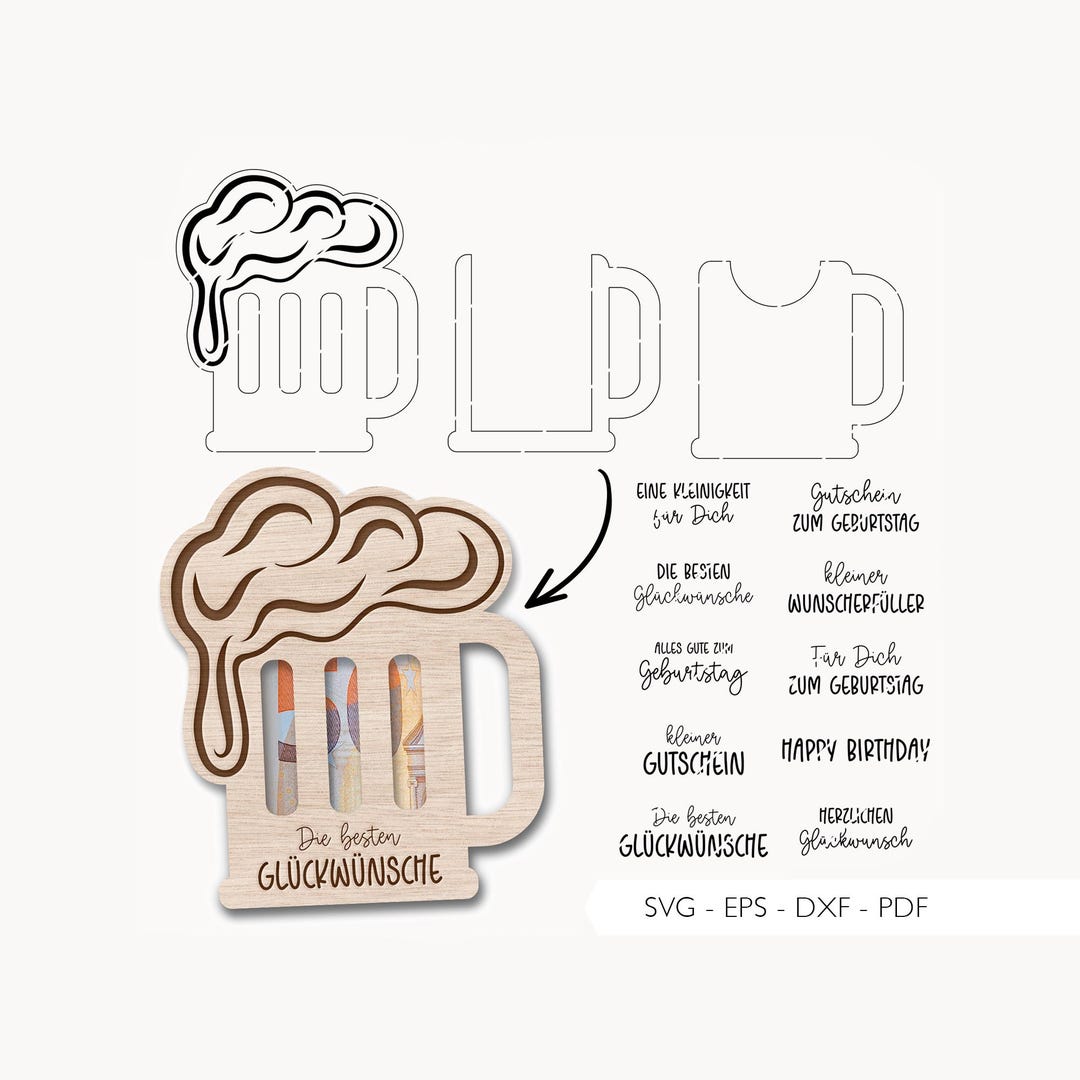 Laser File Money Gift Beer Mug Envelope SVG EPS DXF Voucher Beer Glass ...