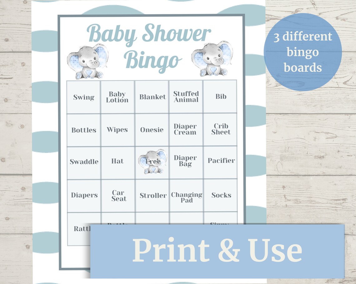 Baby Elephant Baby Shower Bingo, Baby Shower Bingo, Printable Bingo ...