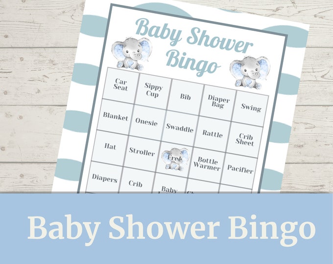 Boy Elephant Baby Shower Bingo Game, Blue Elephant Boy Baby Shower Game ...