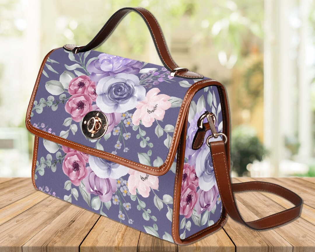 Purple Vintage Floral Canvas Bag, Forest Women PU Leather Women Crossed ...