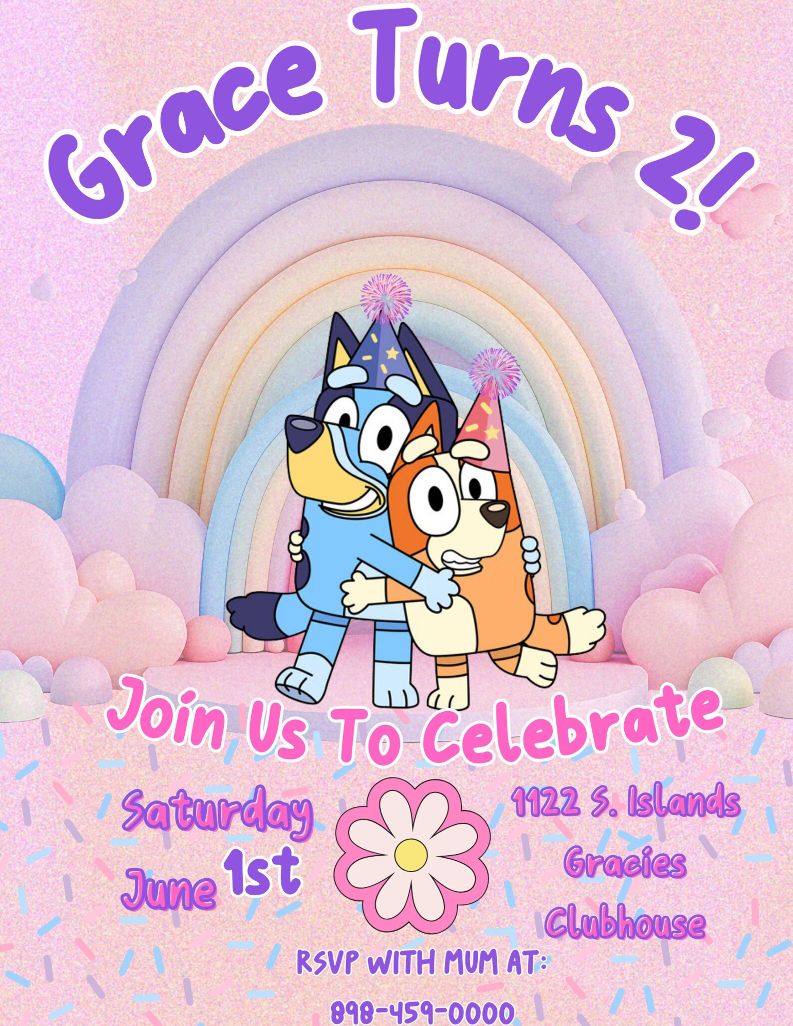 Bluey Pink Confetti Rainbow Birthday Invitation - Etsy