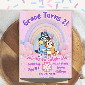 Bluey Pink Confetti Rainbow Birthday Invitation - Etsy