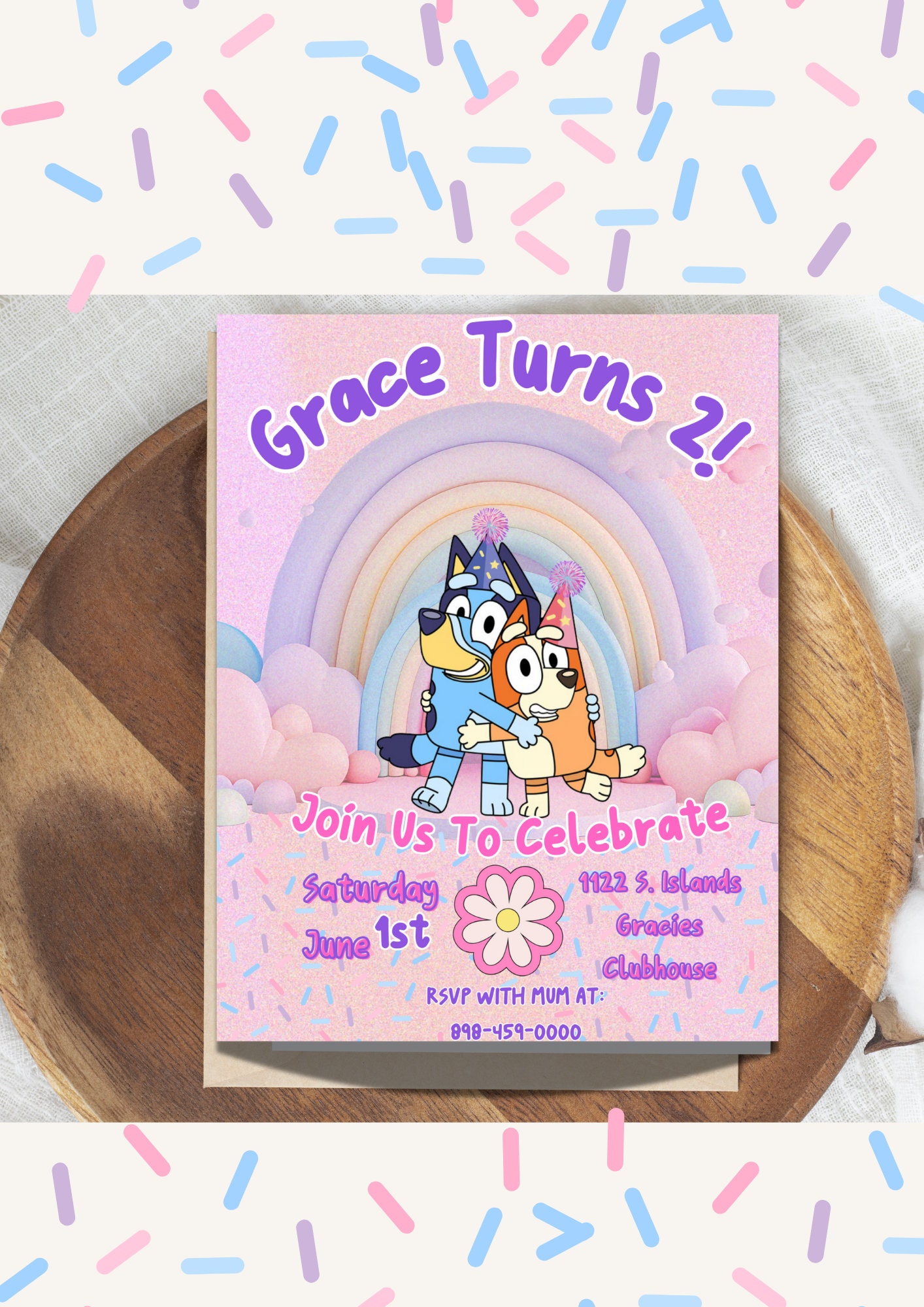 Bluey Pink Confetti Rainbow Birthday Invitation - Etsy