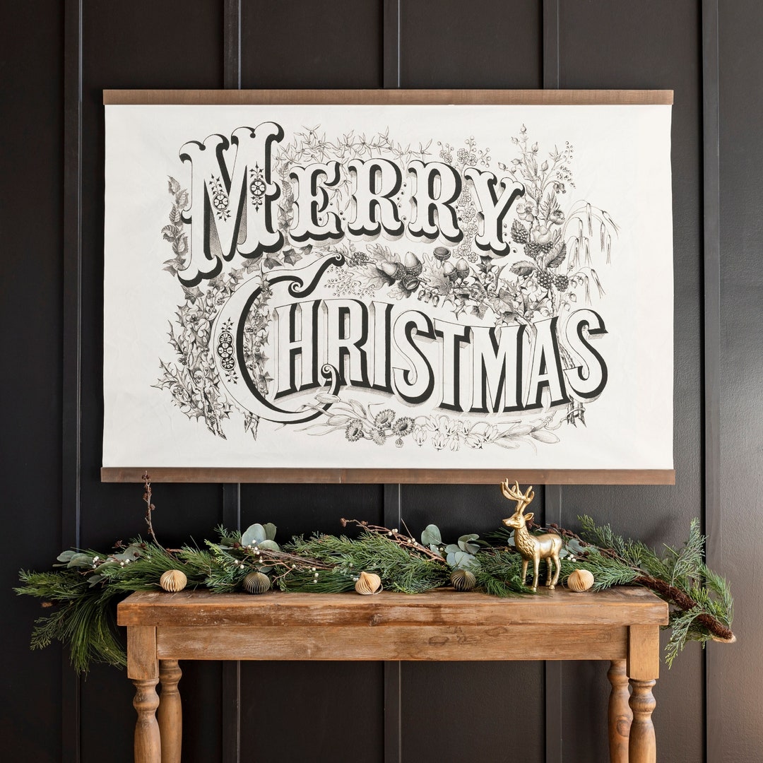 Vintage Merry Christmas Canvas Tapestry: Large Holiday Wall Art | 213 - Etsy