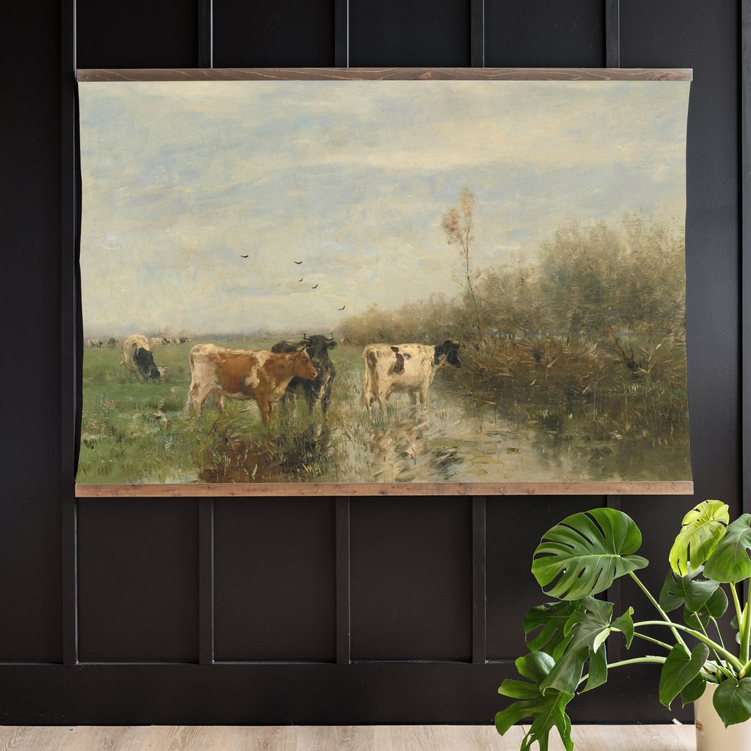 Cow Art Canvas Tapestry: Vintage Landscape Wall Hanging | 180 - Etsy