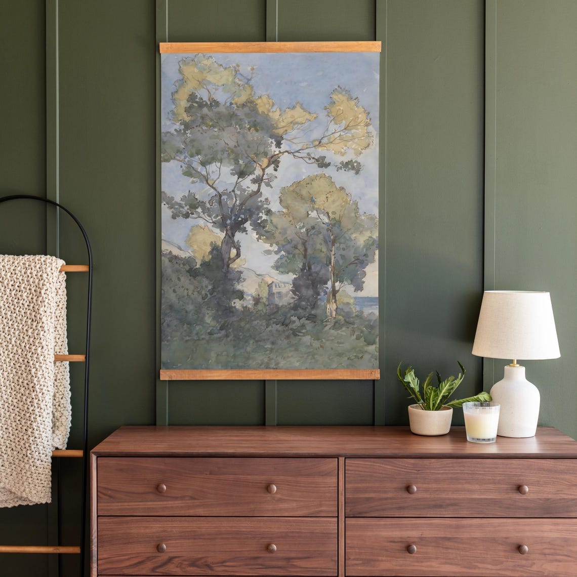 Vintage Tree Scene Tapestry: Watercolor Art Print on Cotton Canvas ...