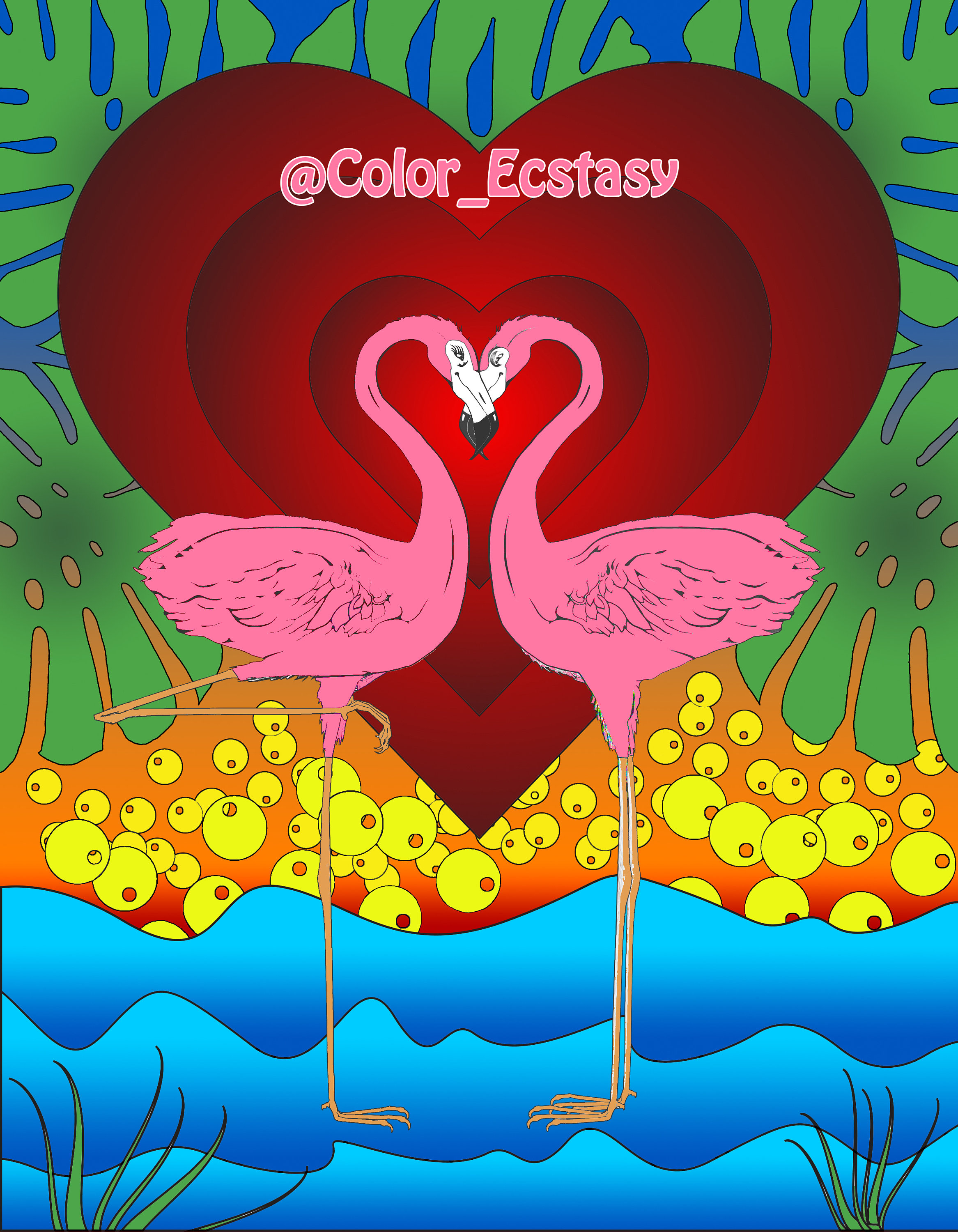 Animal Empire Flamingos in Love Flamingo Hugs Grayscale Line Drawing Illustration Coloring Page ...