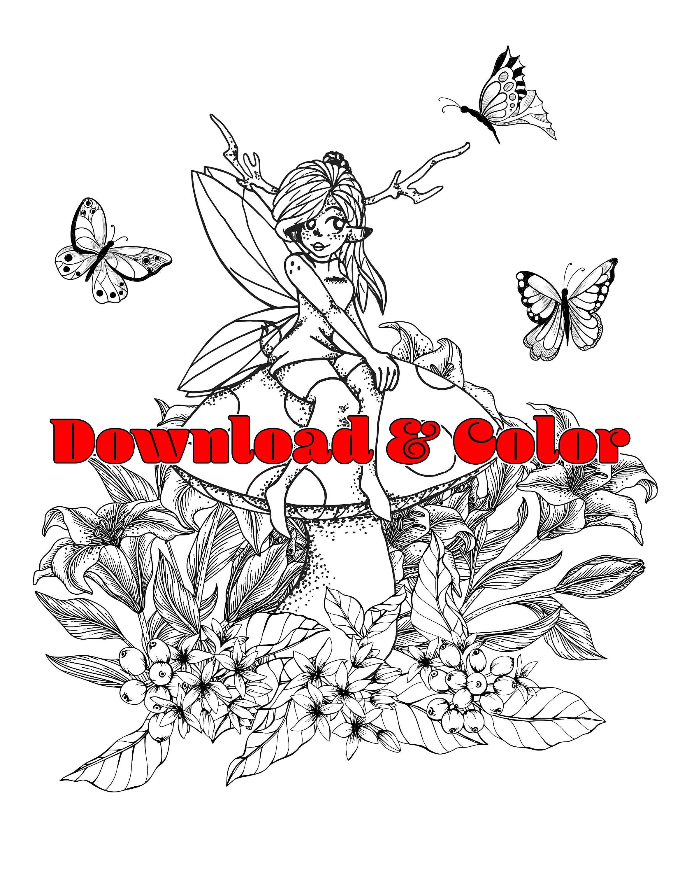 4 Page Fairy Coloring Book Download Faerie Pixie Line Drawing ...