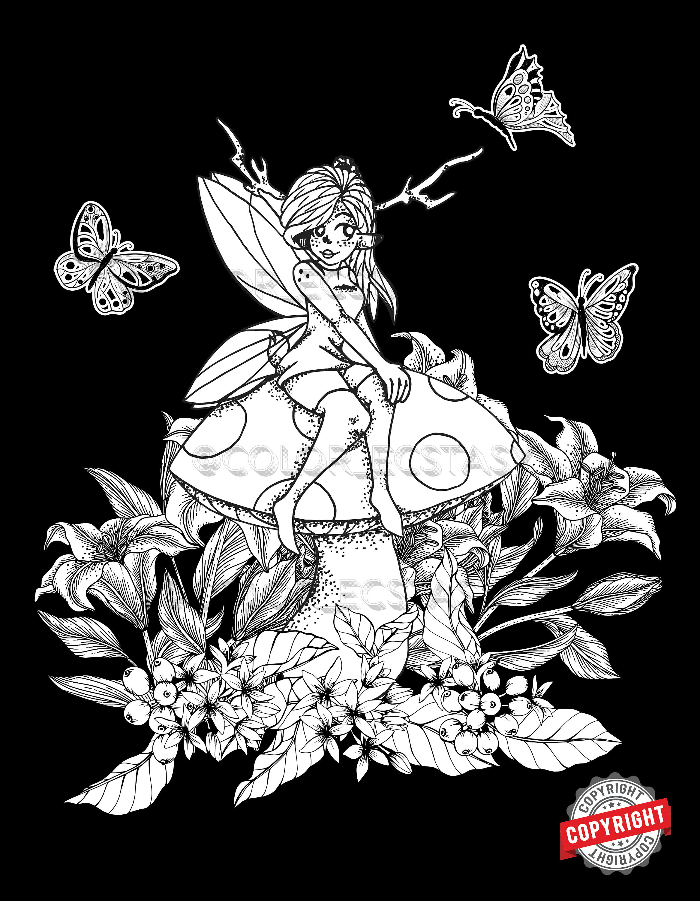 2 Page Download Magical Fairy Pixie Woodland Faerie Line Drawing ...