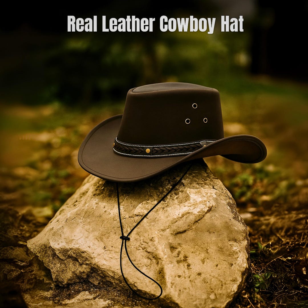 100% Real Leather Cowboy Hat Men's Brown Western Style Cowboy Hat ...