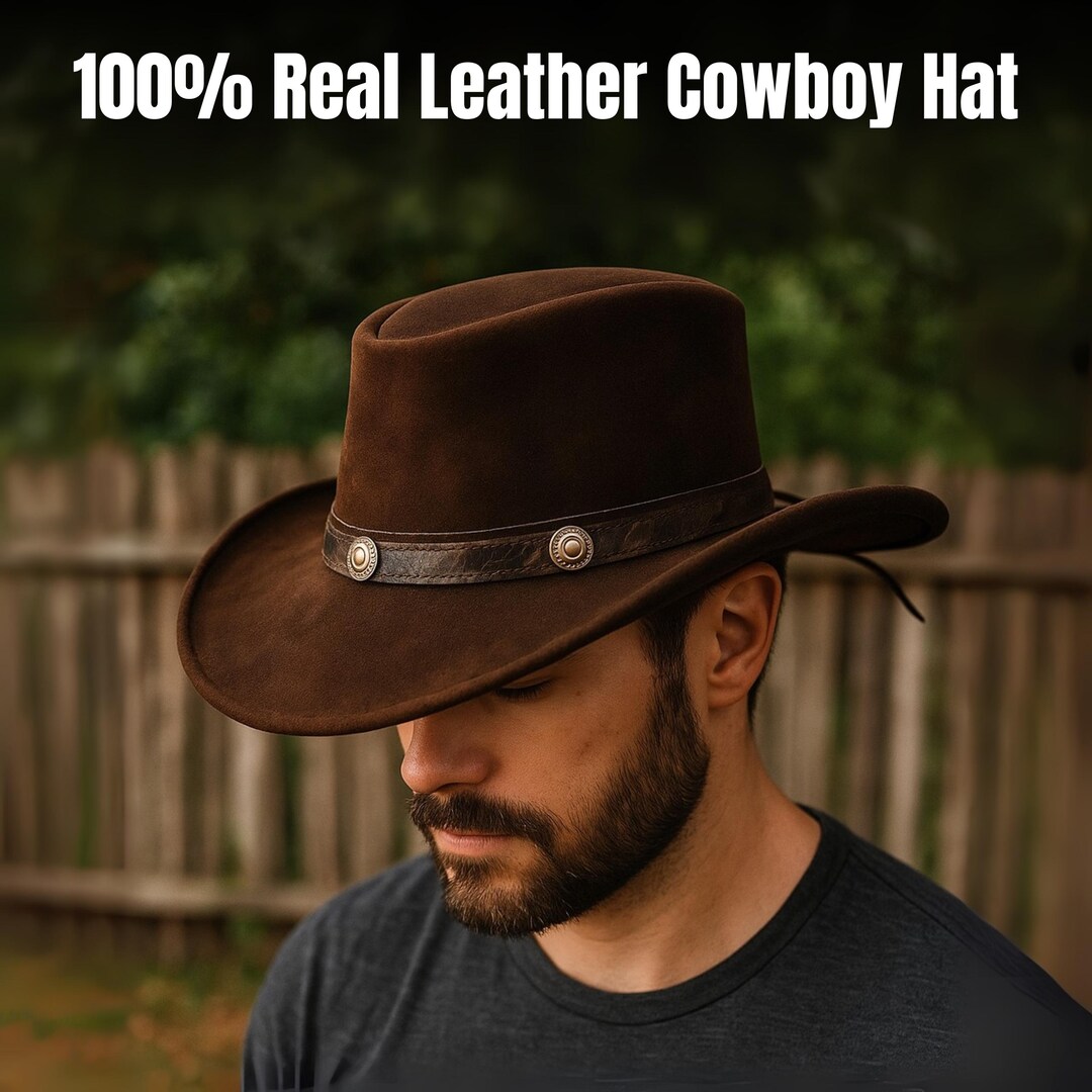 100% Real Leather Cowboy Hat Men's Handmade Leather Bush Hat Gift for ...