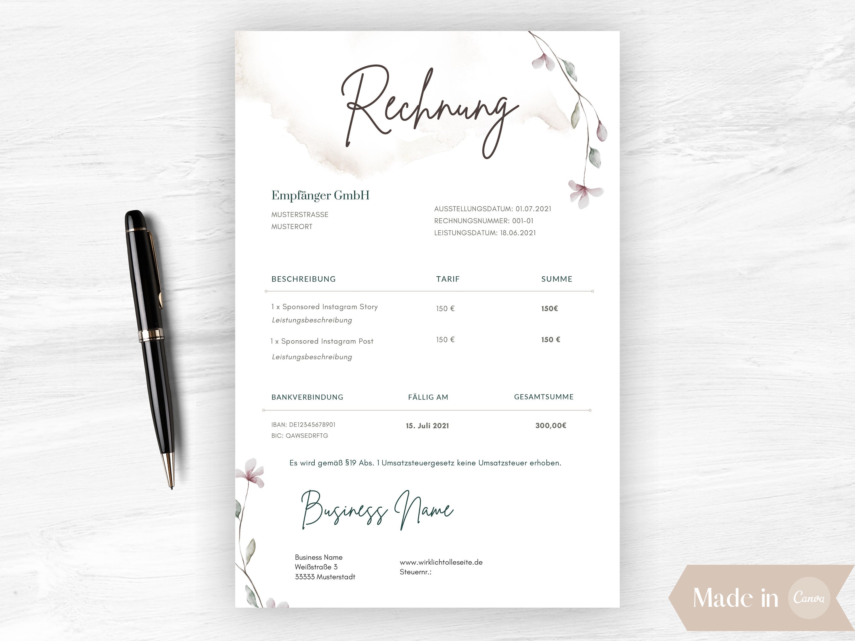 Rechnungsvorlage, Canva invoice template, Business Rechnung mit USt ...