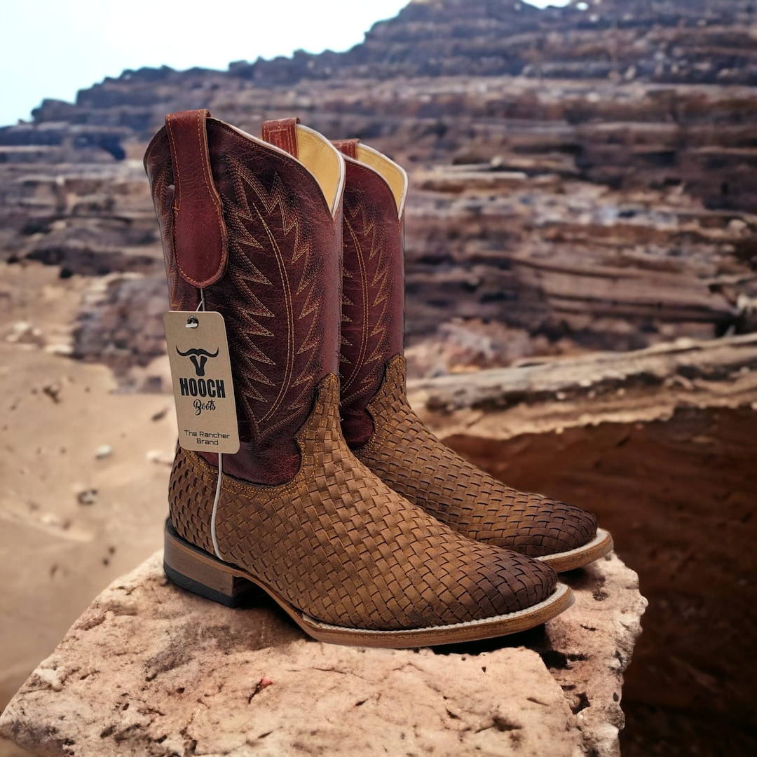 MENS Petatillo Braided Genuine LEATHER Cowboy Wide Square Toe Boots ...