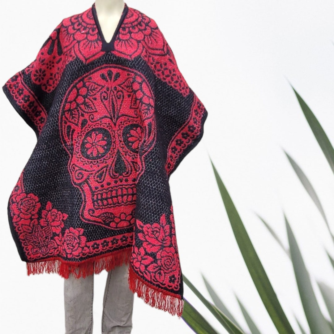 Unisex Capa / Gaban Fina Mexican Sarape Skull Red Double Sided - Etsy