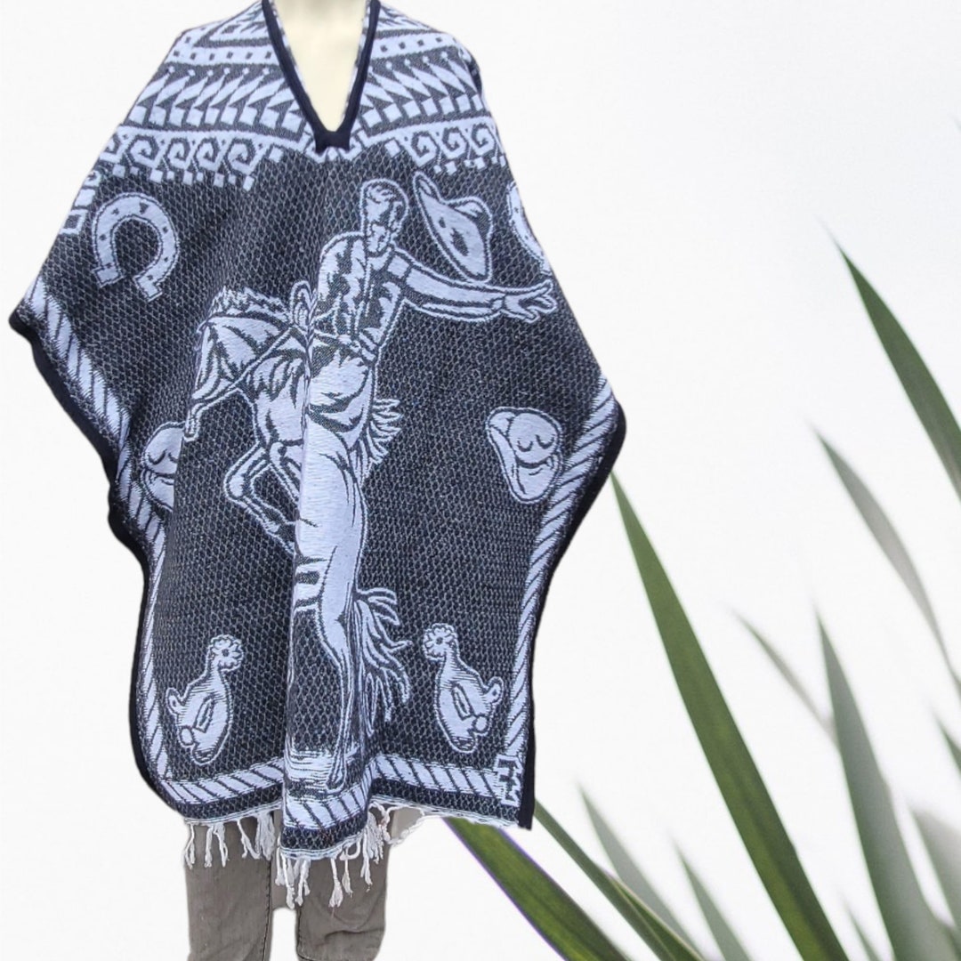 Unisex Capa / Gaban Fina Mexican Sarape Black Gray Horse Caballo Double ...