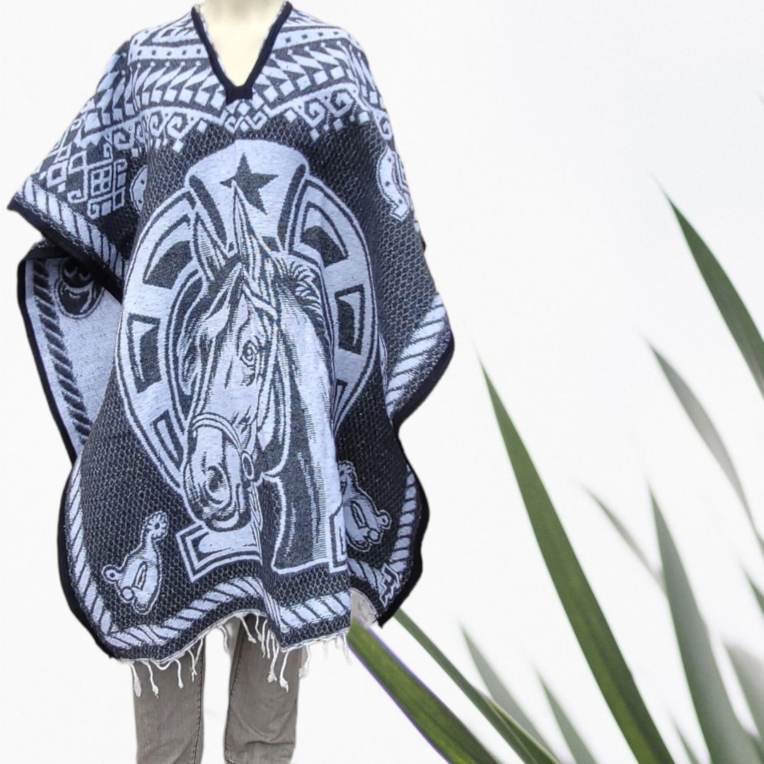 Unisex Capa / Gaban Fina Mexican Sarape Black Gray Horse Caballo Double ...