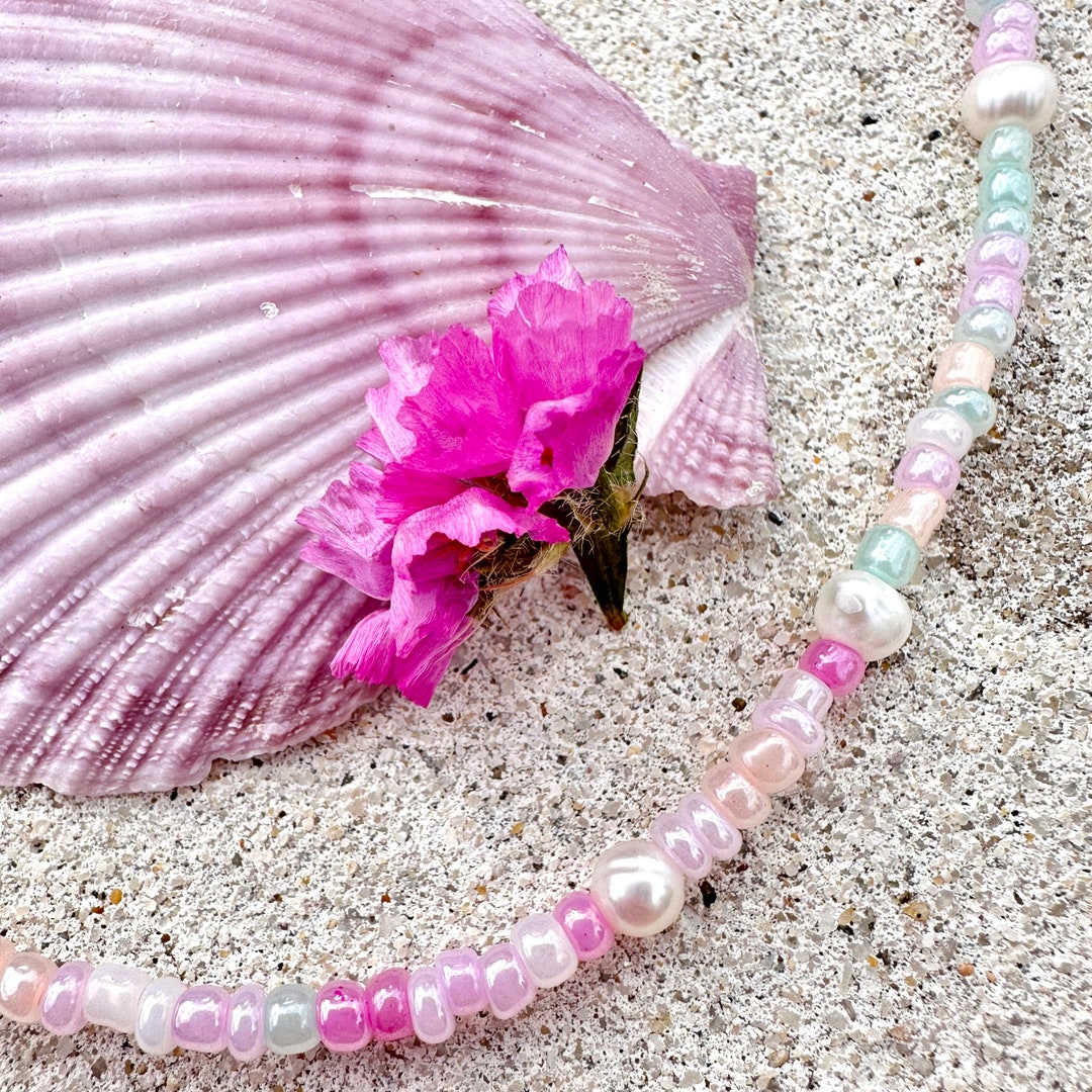 Spring Pearl Necklace SHINY PASTEL in Pastel Colors Choker Adjustable ...