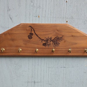 Tree Branch Pine Cones Key Holder Storage 6 Hooks Wood-burned Cabin ...