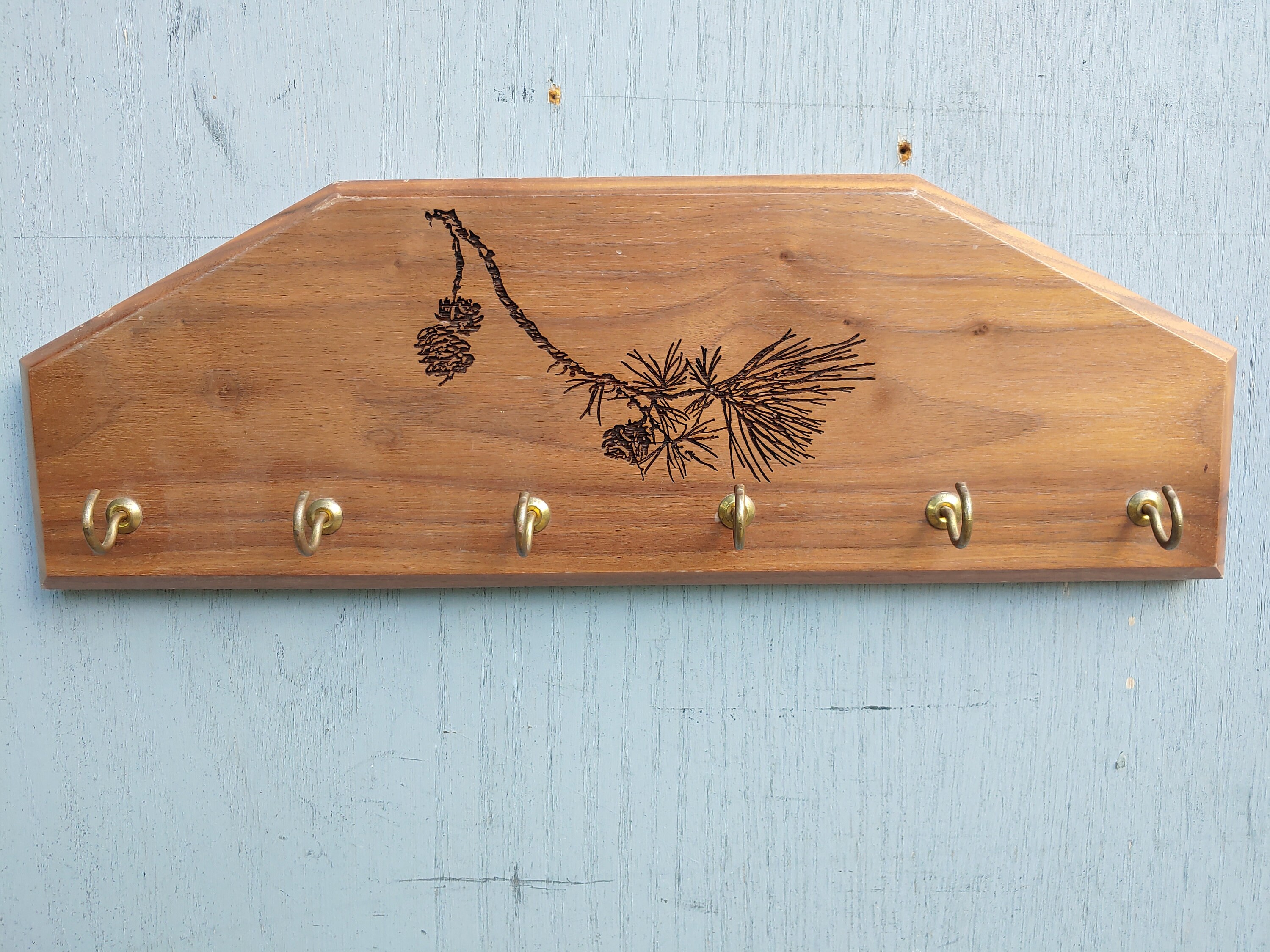 Tree Branch Pine Cones Key Holder Storage 6 Hooks Wood-burned Cabin ...