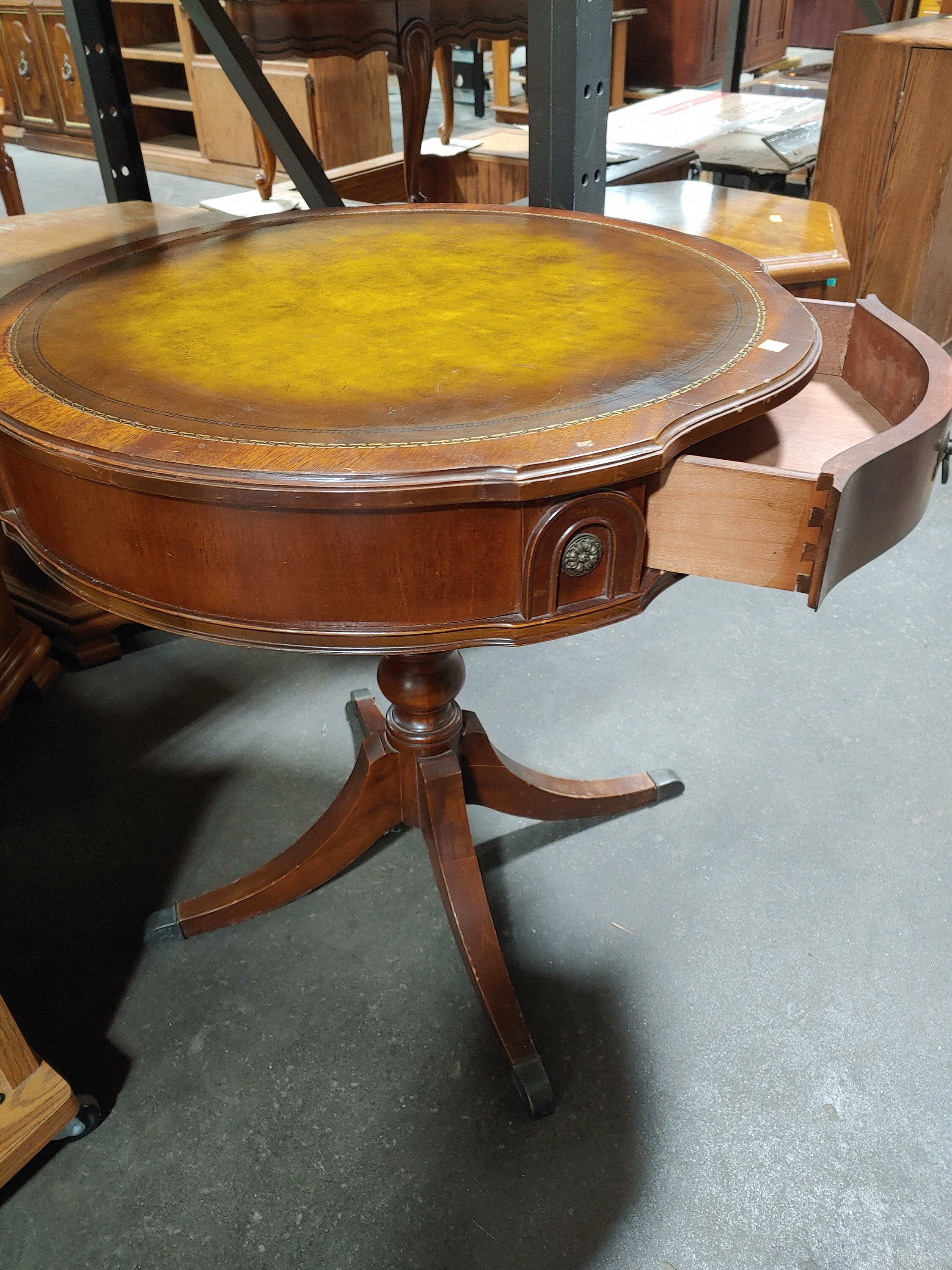 Vintage Leather Top Parlor Table: Gold Leaf Pattern, Brass Rosettes ...