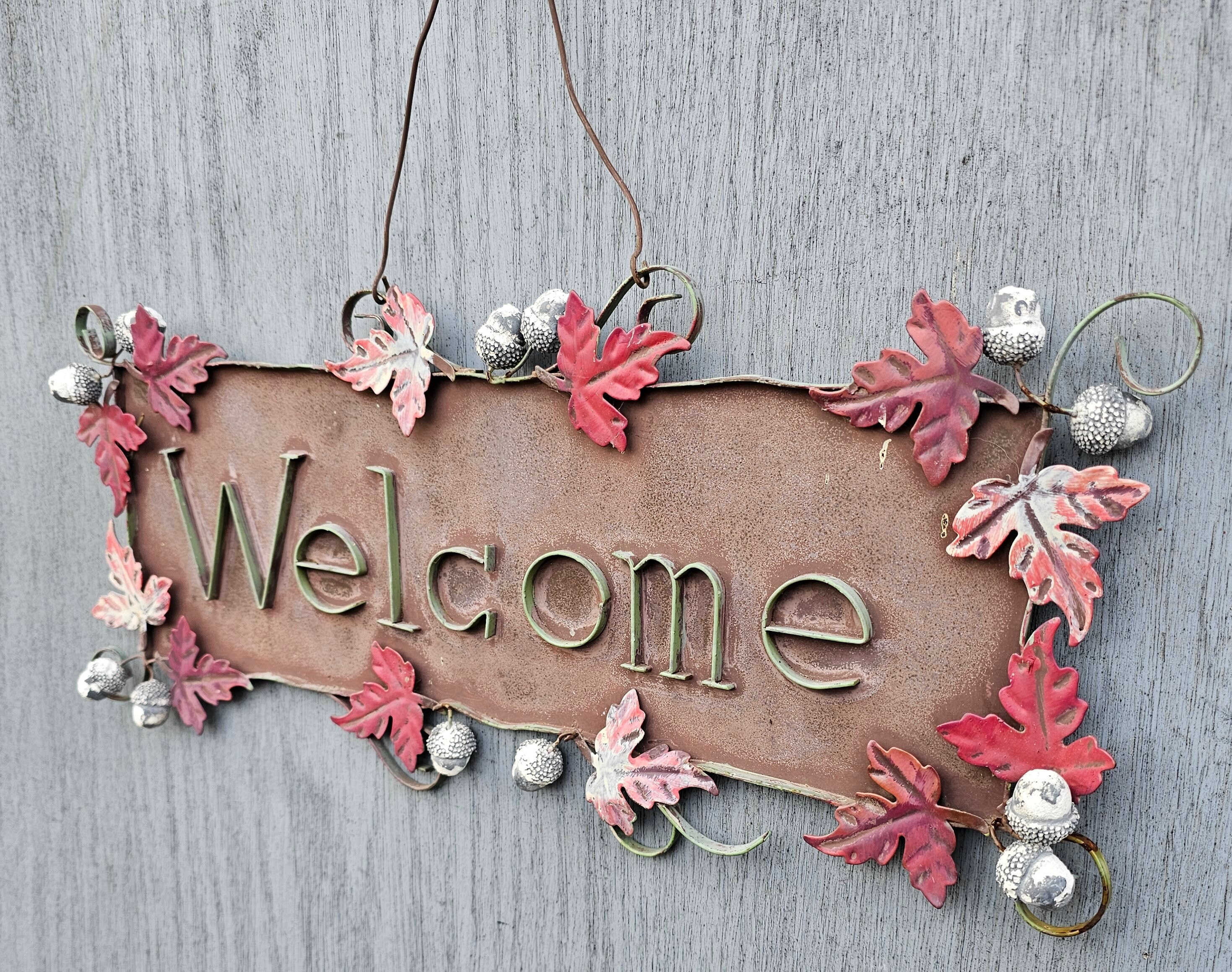 Vintage Metal Welcome Sign Acorns Oak Leaves Wall Hanging Wire Hanger ...
