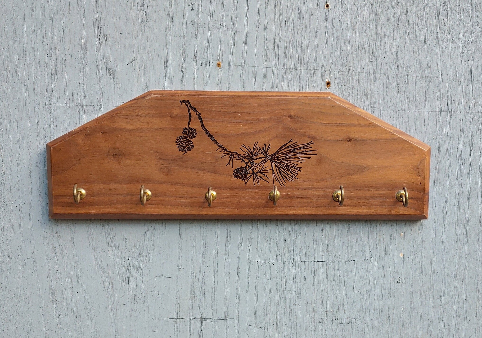 Tree Branch Pine Cones Key Holder Storage 6 Hooks Wood-burned Cabin ...