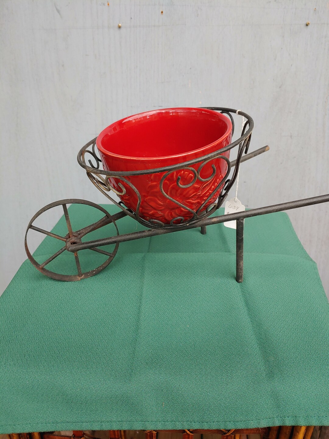 Vintage Plant Holder & Pot Wrought Iron Wheel Barrow Potted Display ...